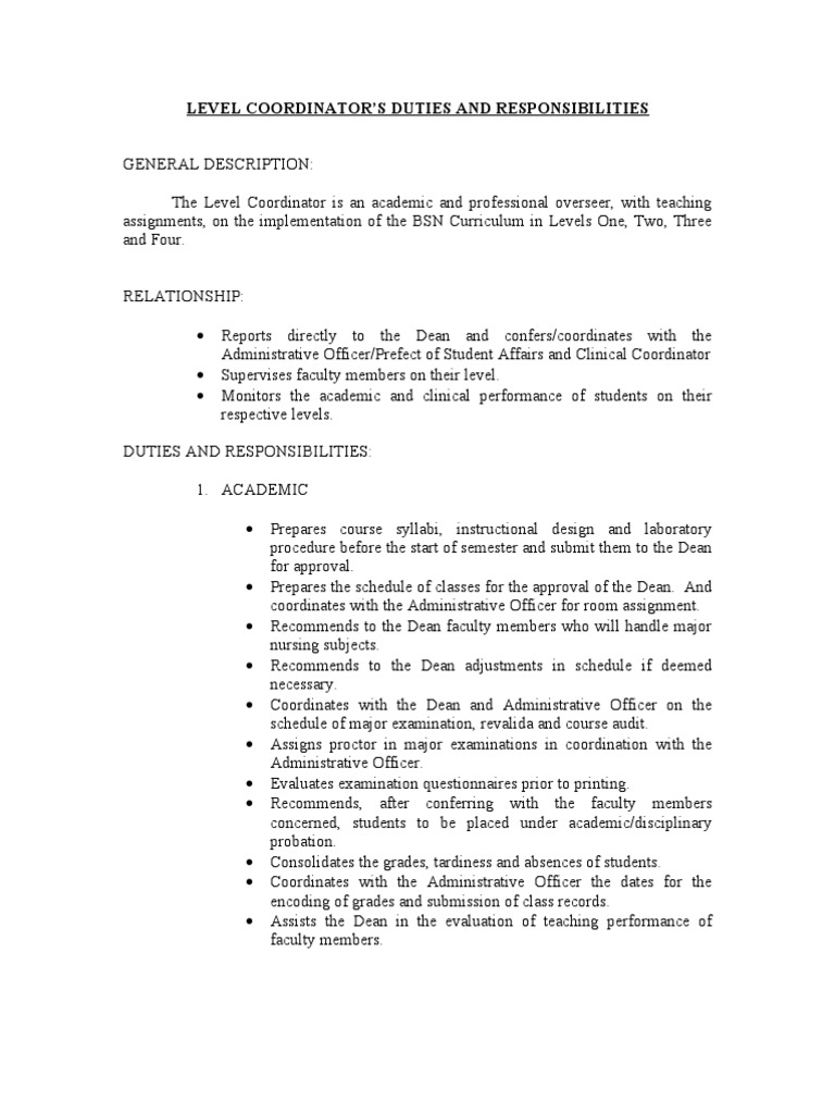 Level Coordinator-Duties and Responsibilities | PDF