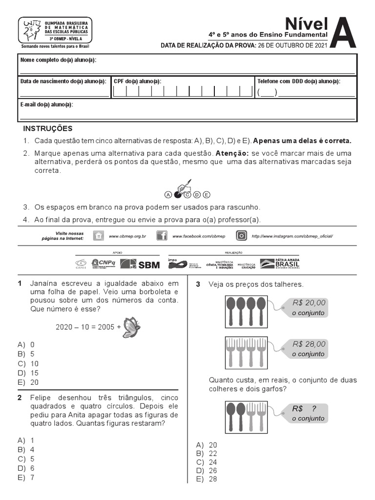 OBMEP Multipla Escolha PROVA E GABARITO 2021-FCC-IMPA-NIVEL A | PDF ...