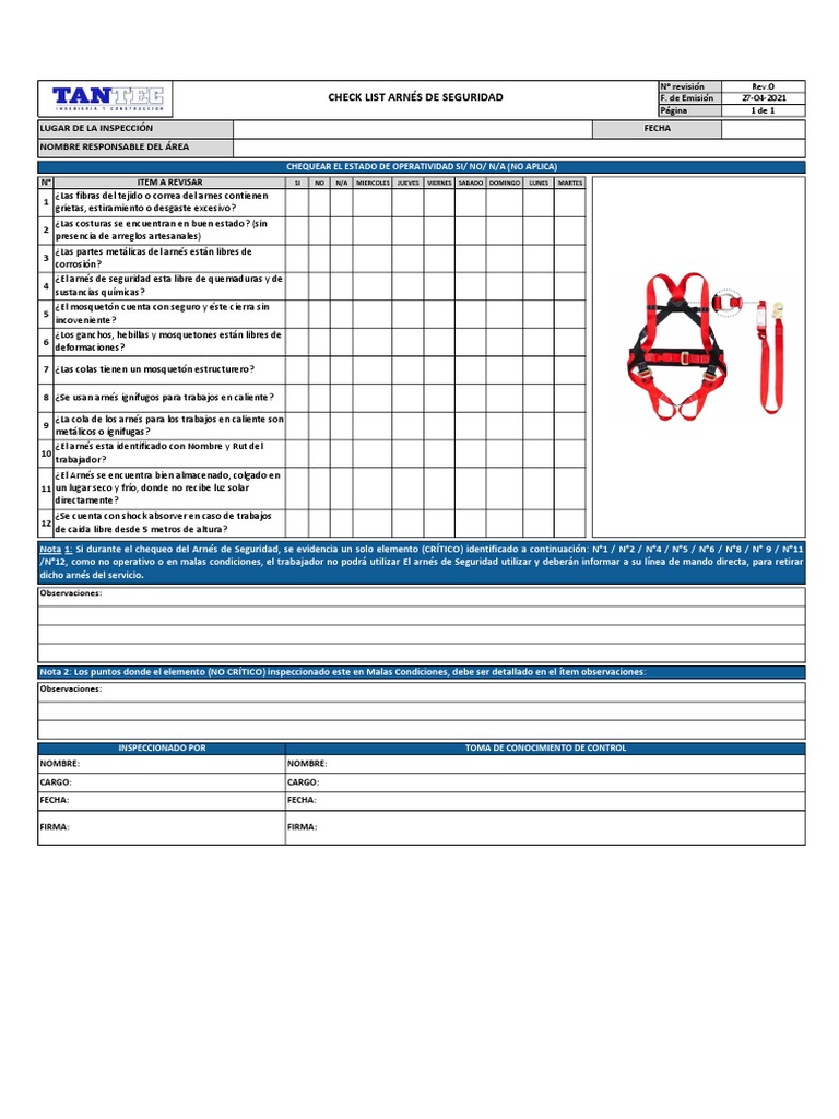 Check List Arnés de Seguridad | PDF