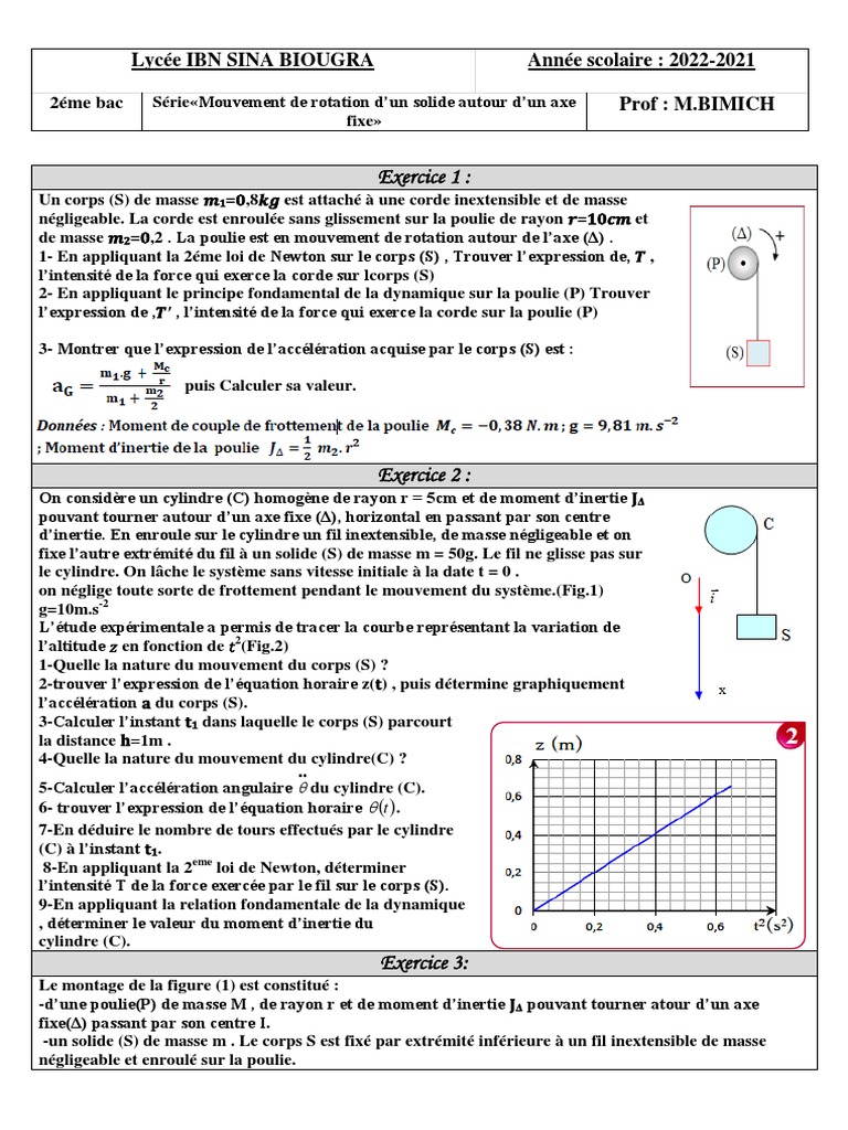 Mouvement de rotation : exercices 2 bac | PDF | Accélération | Masse