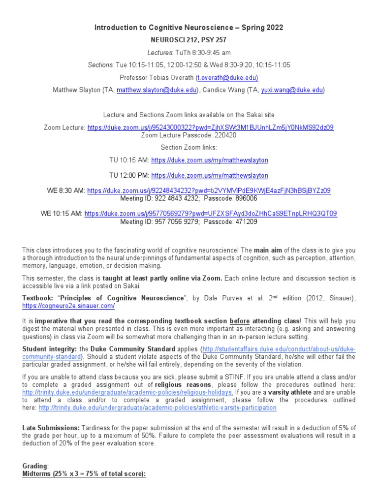 Introduction to Cognitive Neuroscience: A Guide to the Spring 2022 Course at Duke University ...