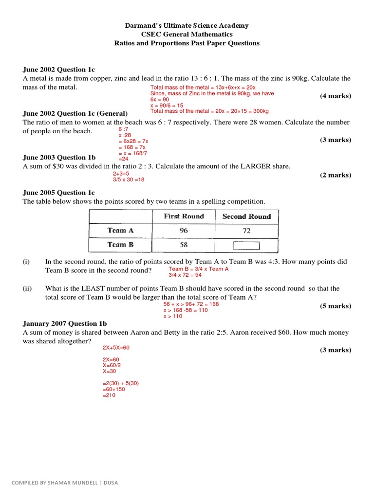 CSEC Ratios and Proportions Questions | PDF | Ratio | Mathematics