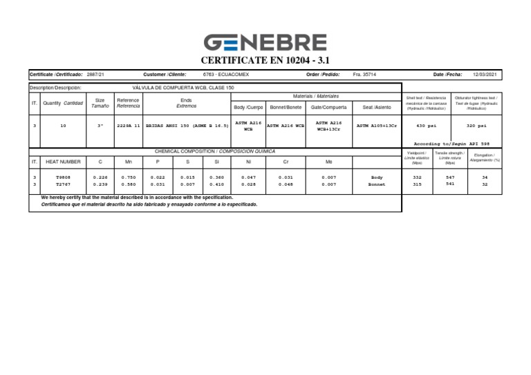 CERTIFICATE EN 10204 - 3.1: Tamaño Referencia Extremos | PDF