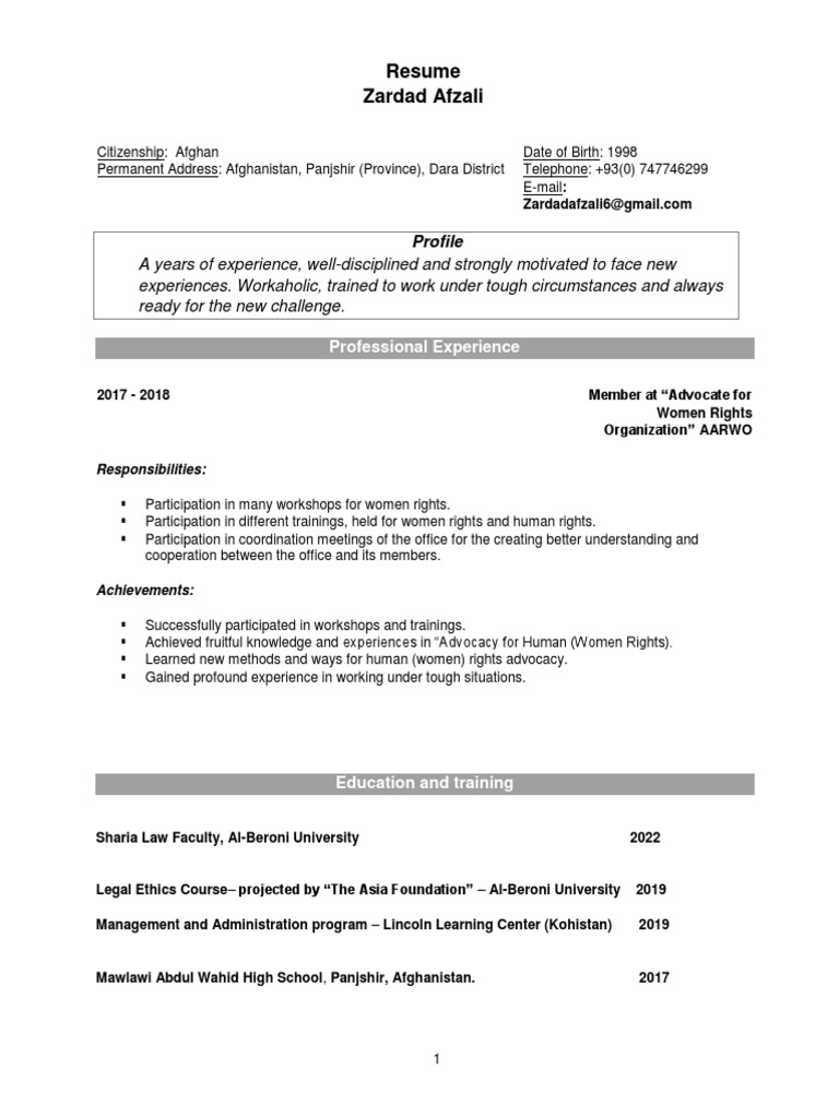 Zardad Afzali CV | PDF | Cognitive Science | Cognition