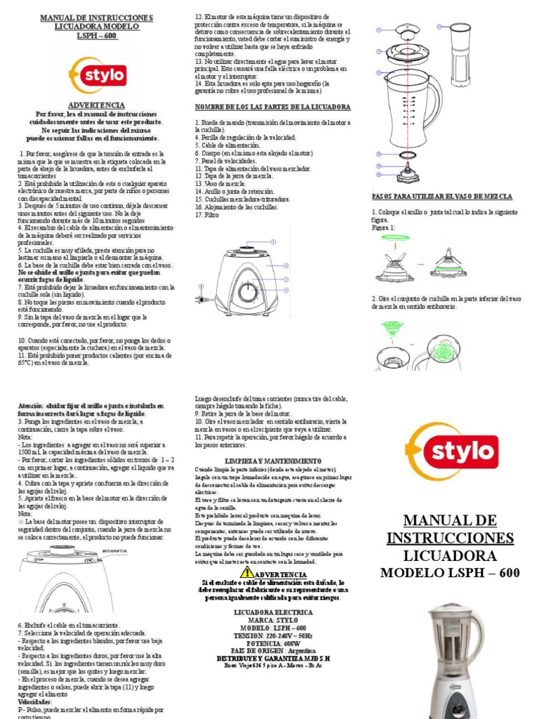 Manual de Instrucciones Licuadora Modelo LSPH - 600 | PDF | Licuadora | Motores