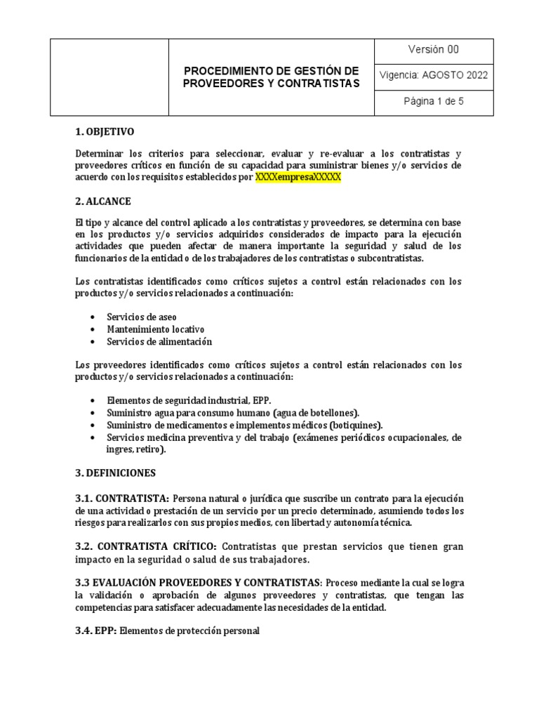 Procedimiento de Gestión de Proveedores y Contratistas | PDF