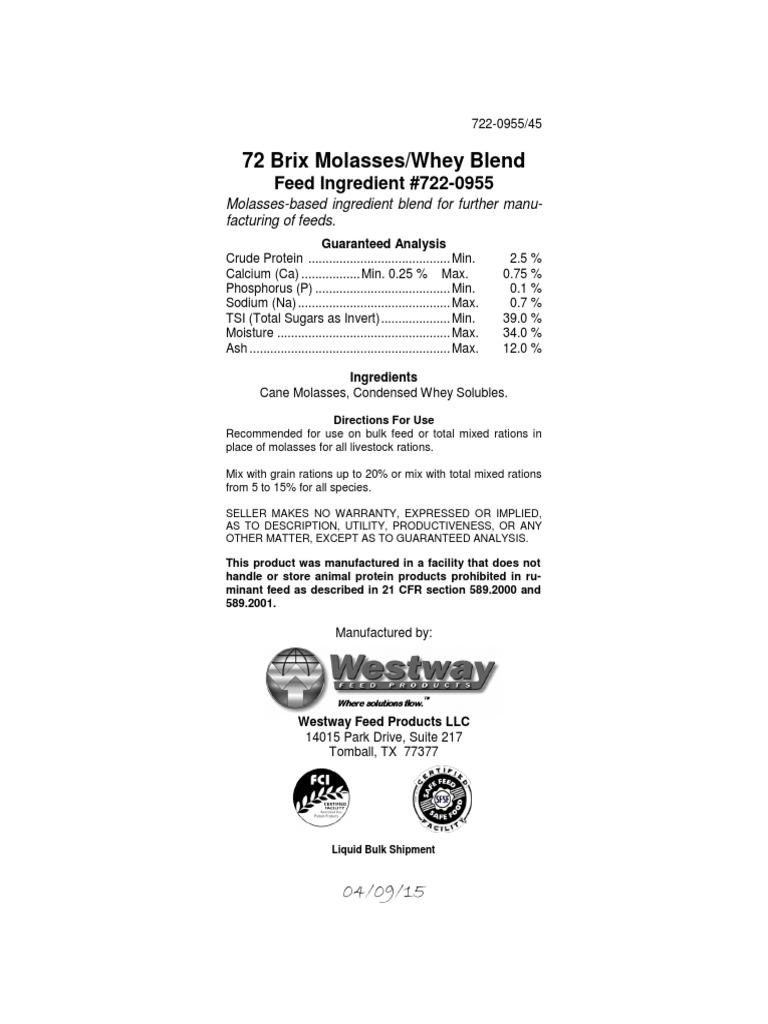 General Information - Westway Feed Co - 72 Brix Molasses Whey Blend ...