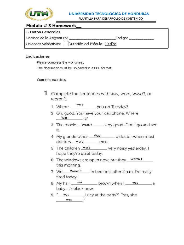 Module 3 Homework Template And Exercises On Verb Tenses In English Pdf