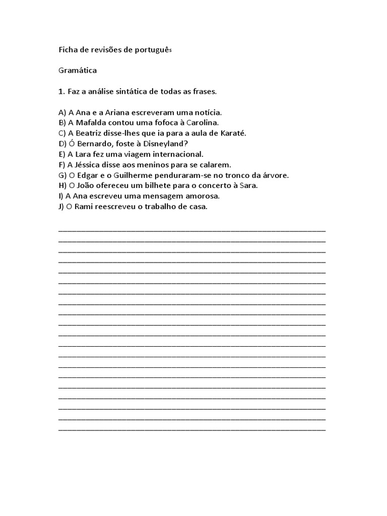 6 Ano Teste Português Pdf Assunto Gramática Linguística