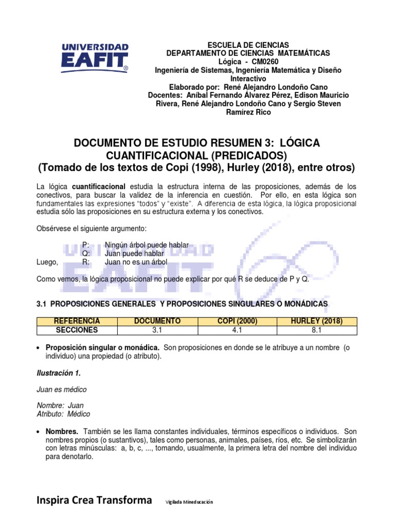 Documento 3 de Lógica EAFIT, 2022-2 | PDF | Proposición | Argumento