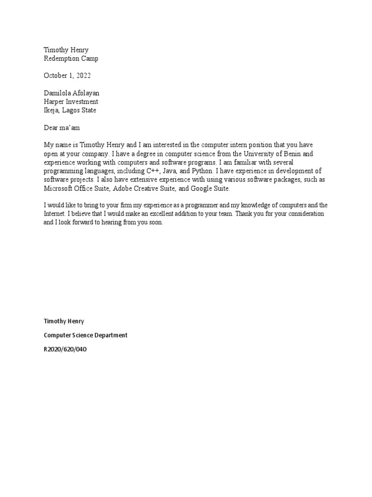 Application Letter-Timothy Henry | PDF