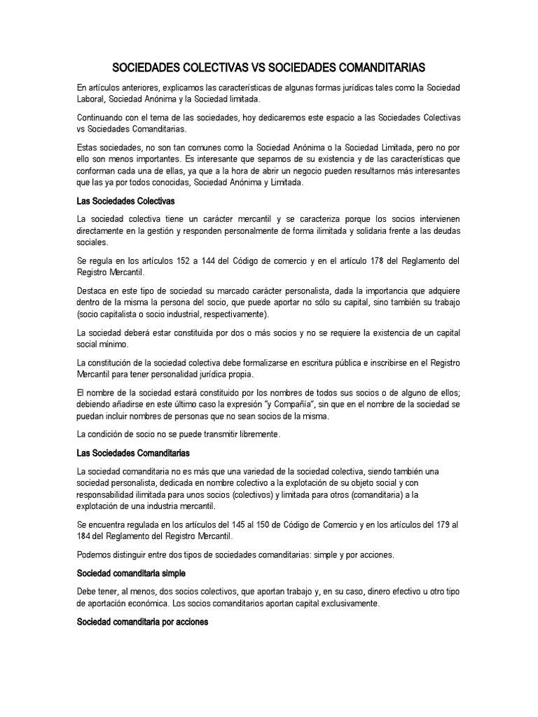 Sociedades Colectivas Vs Sociedades Comanditarias | PDF | Sociedad General | Sociedad