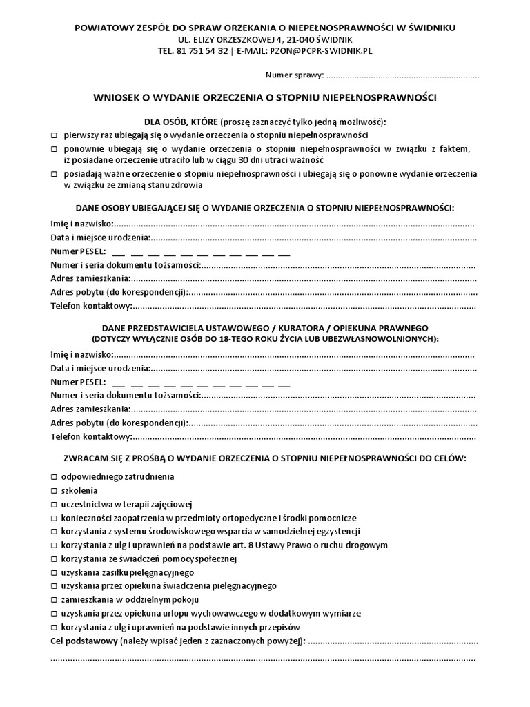 Wniosek o Wydanie Orzeczenia o Stopniu Niepelnosprawnosci | PDF