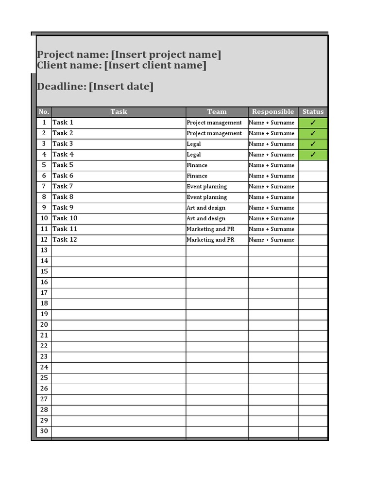 Project Task Management and Progress Tracking Spreadsheet for [Insert ...