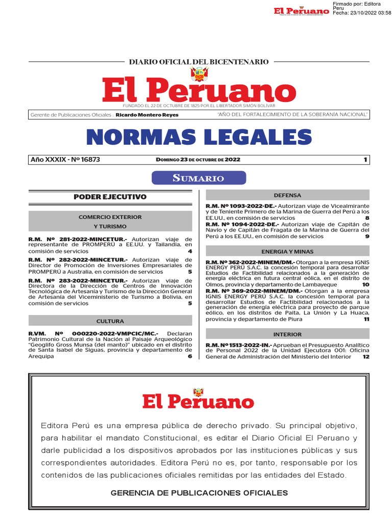 Norma Legal Diario El Peruano 20221023 | PDF | Perú | Bolivia
