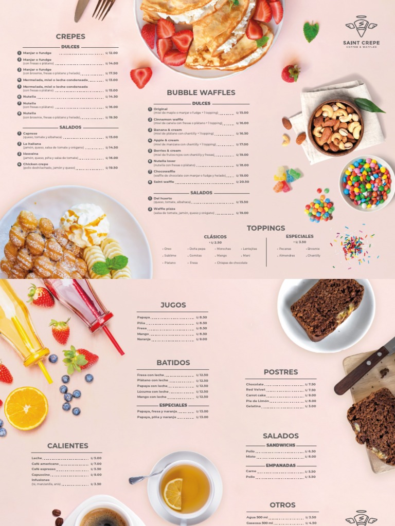 Menú de crepas, bubble waffles y otros postres dulces y salados de un restaurante | PDF ...