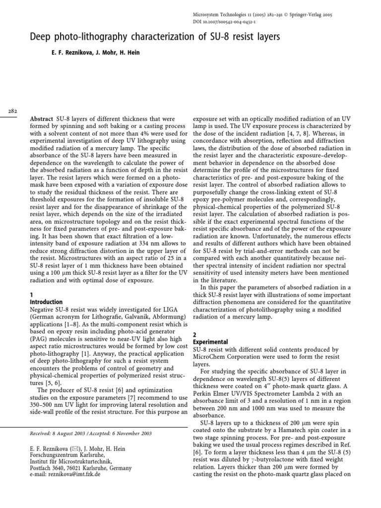 Deep Photo-Lithography Characterization of SU-8 Resist Layers | PDF ...