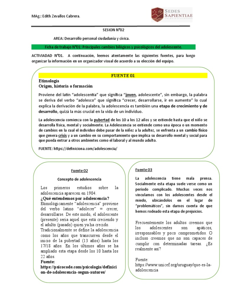 Ficha de Trabajo N°01 DPCC - Primero y Segundo. | PDF | Adolescencia | Adultos