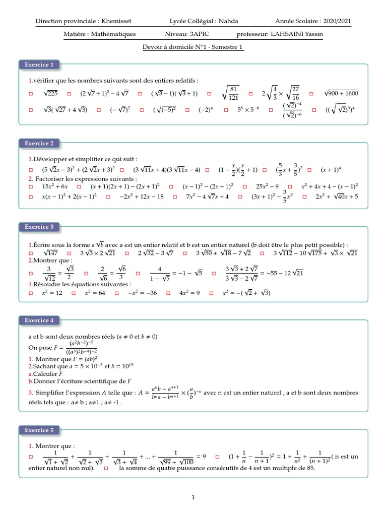 Devoir Math 3AC Semestre 1 | PDF | Algèbre générale | Théorie des anneaux