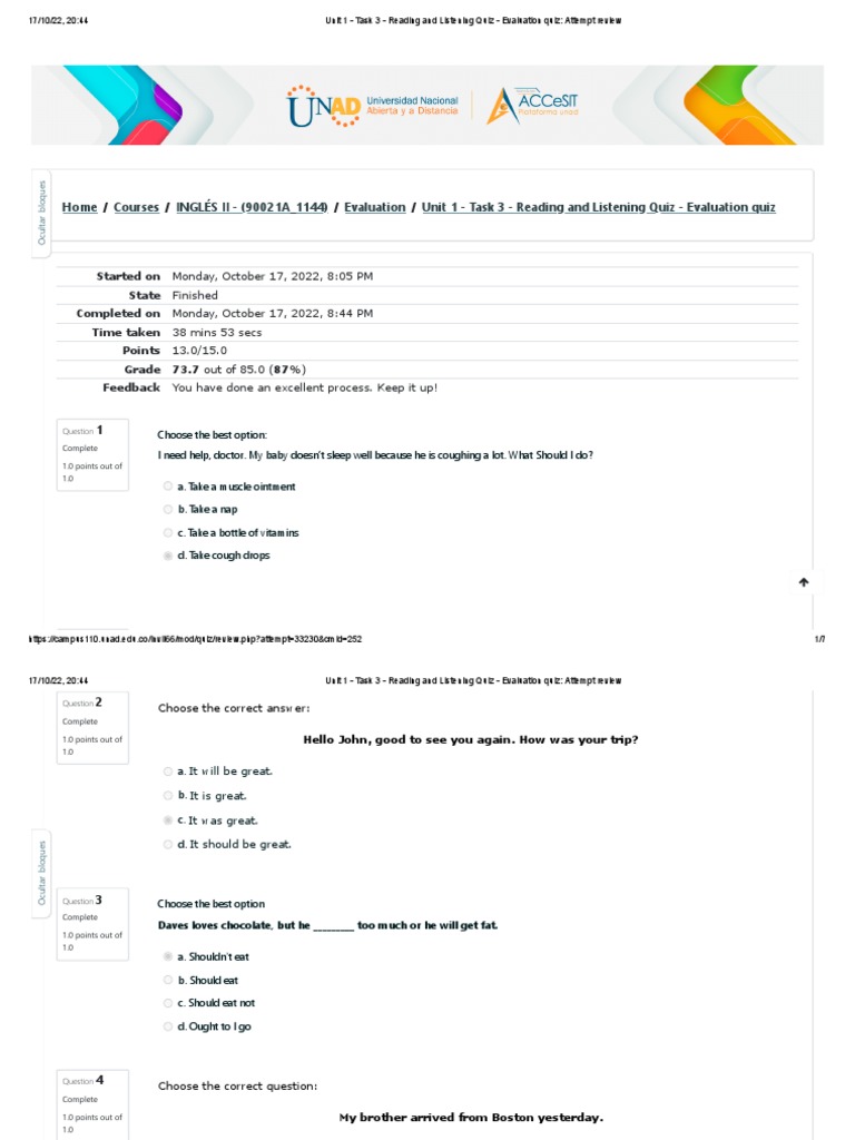 Unit 1 - Task 3 - Reading and Listening Quiz - Evaluation Quiz - Attempt Review2 | PDF