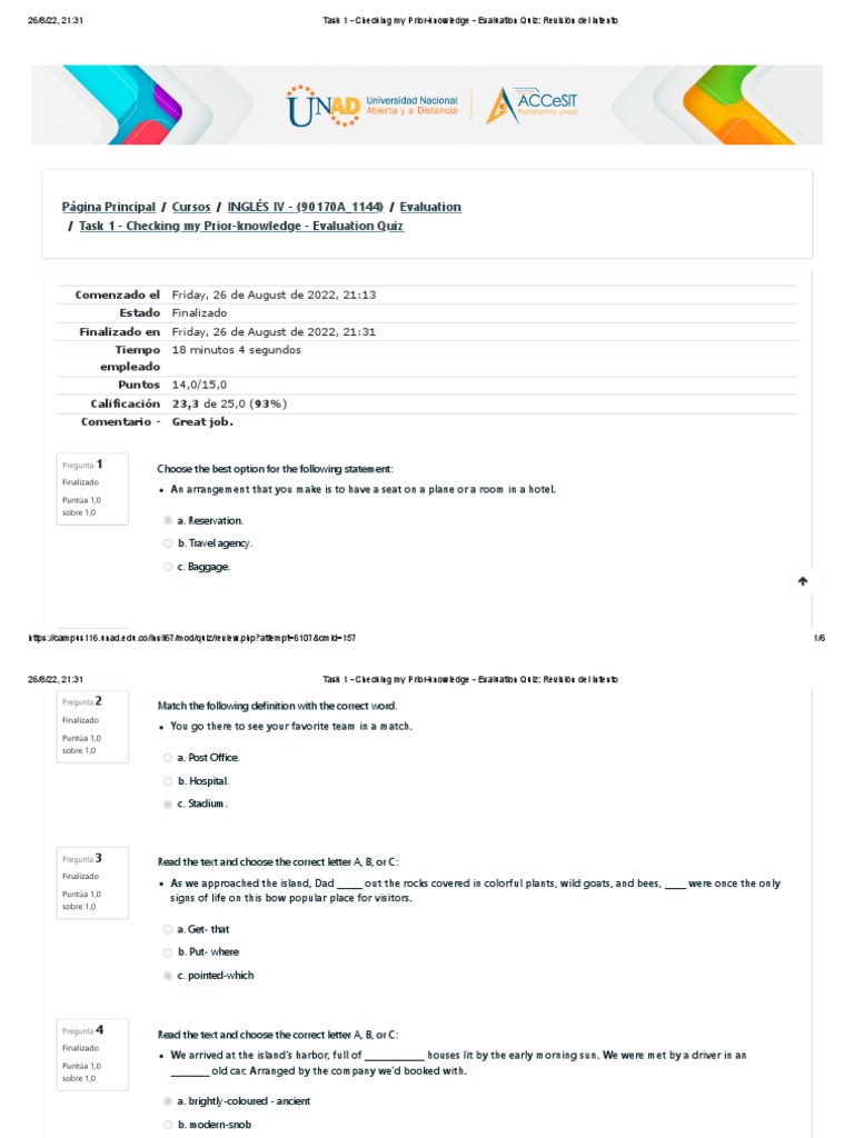 Task 1 - Checking My Prior-Knowledge - Evaluation Quiz - Revisión Del Intento | PDF