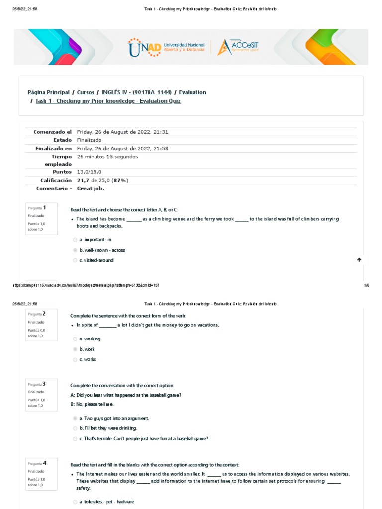 Task 1 - Checking My Prior-Knowledge - Evaluation Quiz - Revisión Del Intento2 | PDF | Social ...