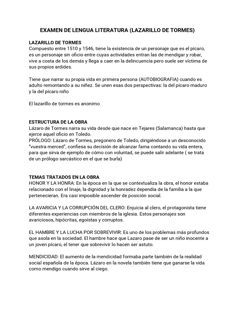 Examen de Lengua Literatura (Lazarillo de Tormes) | PDF | Novelas | Amor