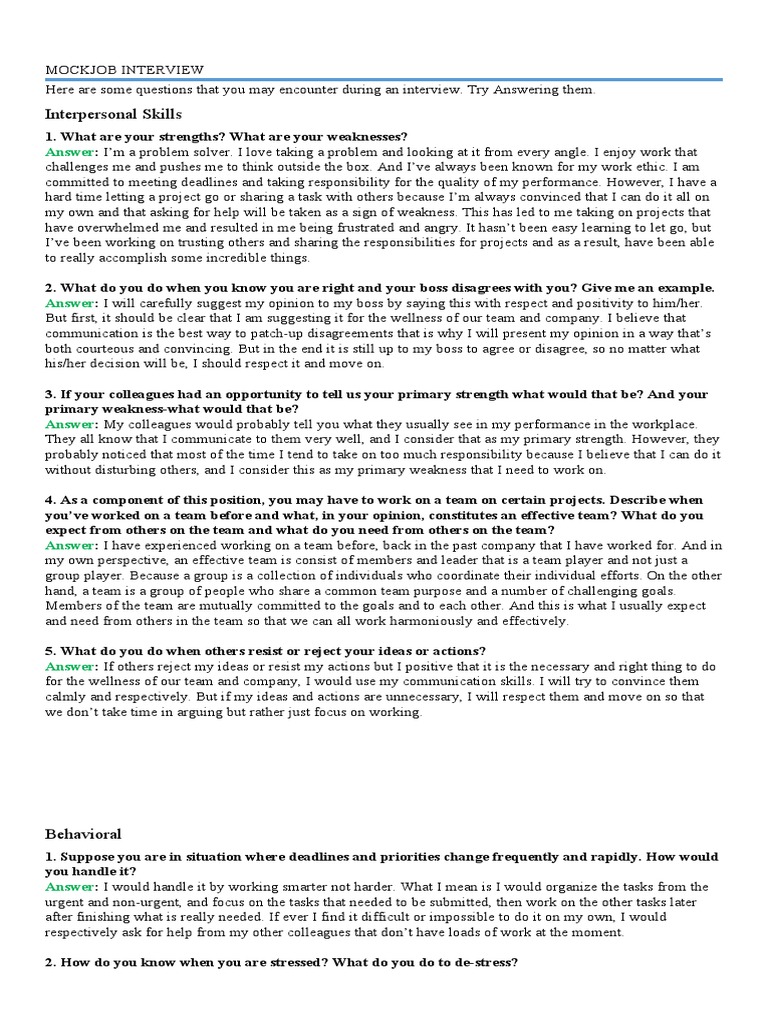 MOCK JOB INTERVIEW (Sample Questions & Answers) | PDF | Leadership ...