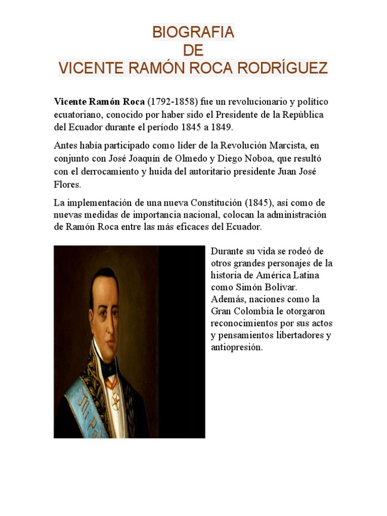 Biografía del presidente ecuatoriano Vicente Ramón Roca (1792-1858 | PDF
