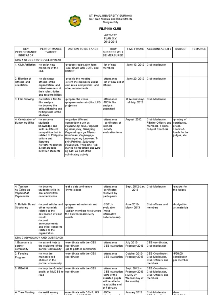 Filipino Club Activity Plan 2012-2013 | PDF