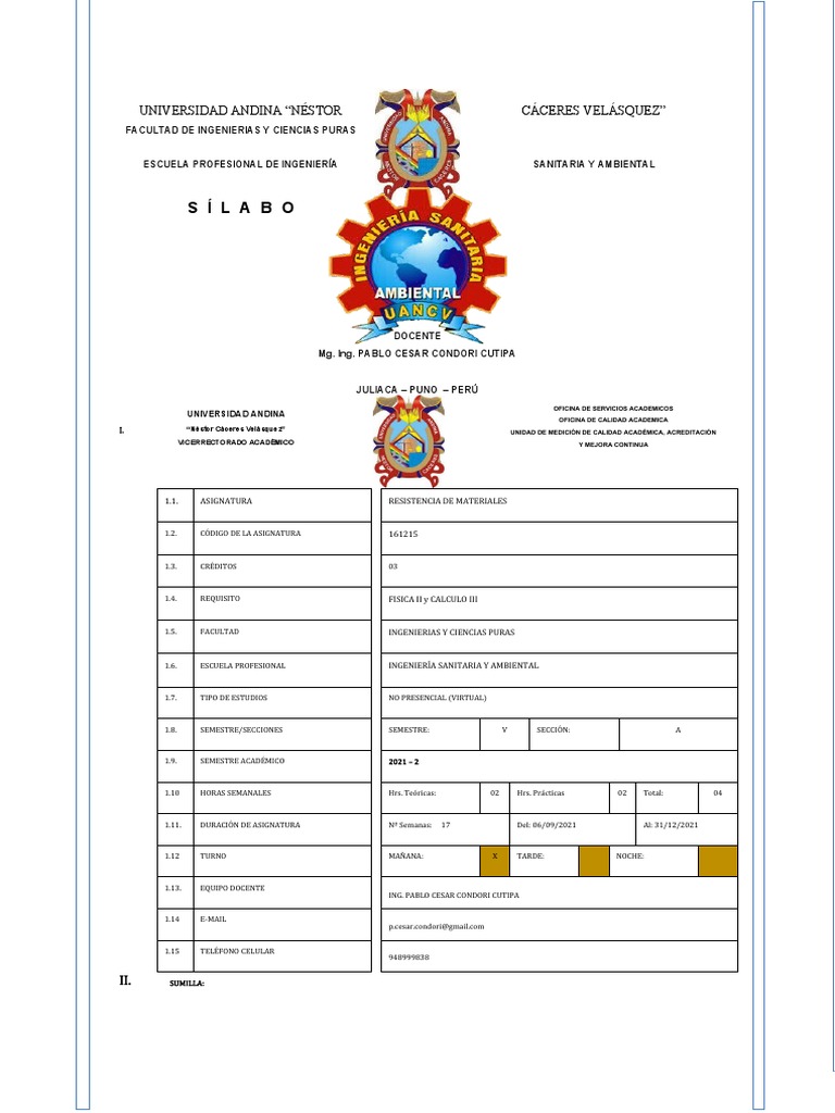 SILABO 2021 - II Resistencia de Materiales | PDF