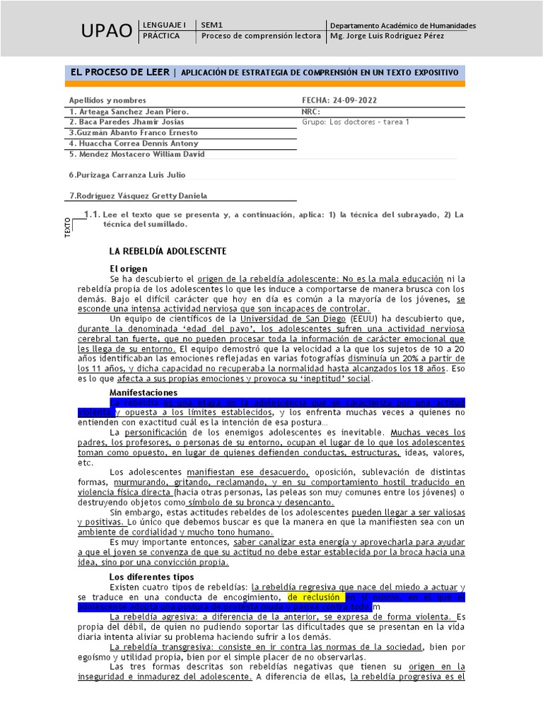 Grupo Los Doctores - Tarea 1 | PDF | Las emociones | Comprensión lectora