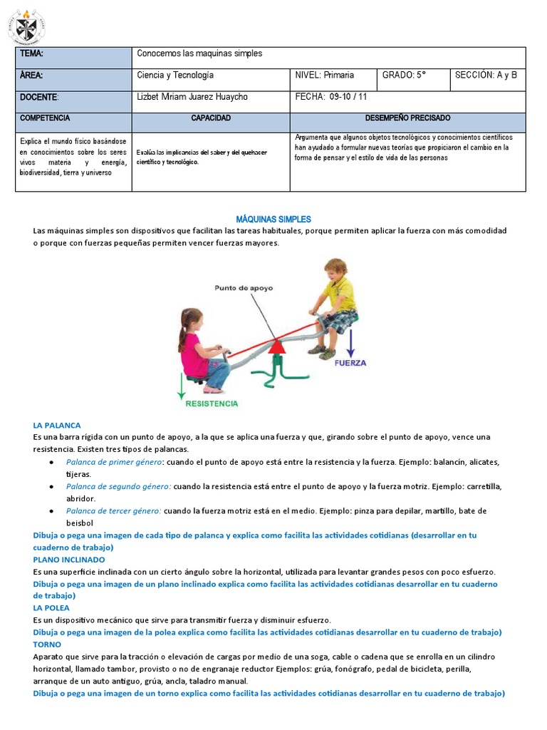 Hoja De Trabajo De Máquinas Simples Con Palancas