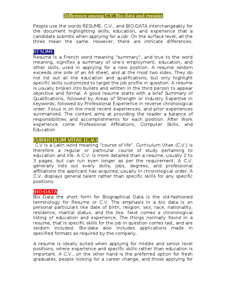 Diff of CV, Resume & Biodata | PDF | Résumé | Labour
