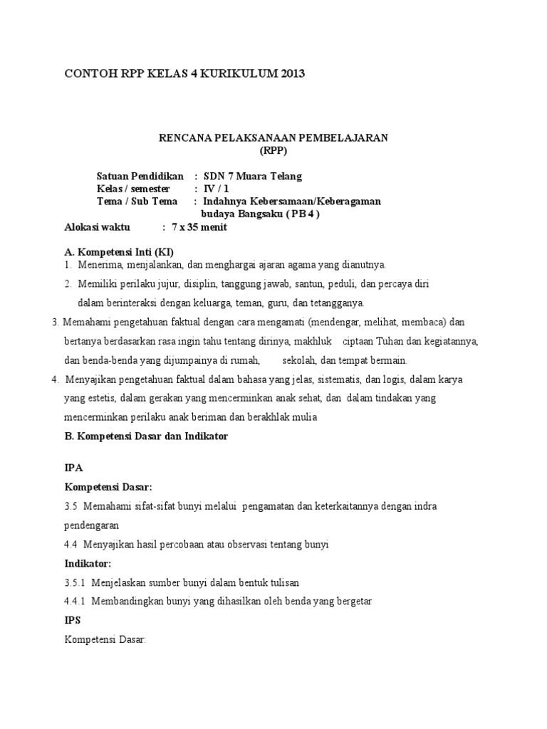 Contoh RPP Kelas 4 Kurikulum 2013 | PDF