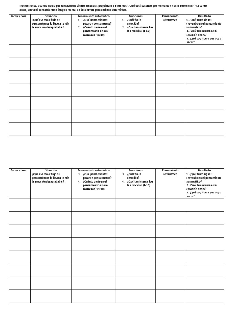 Cuadro Registro De Pensamientos Descargar Gratis Pdf Pensamiento
