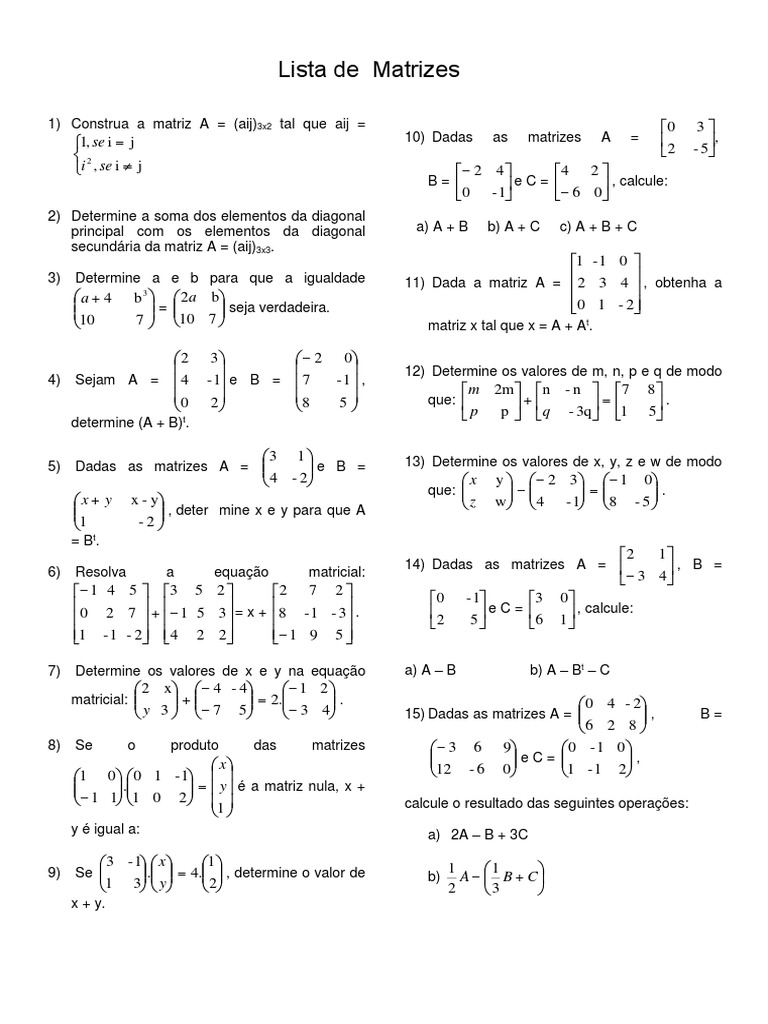452496-1Â° Lista de Matrizes | PDF | Matriz (Matemática) | Objetos matemáticos