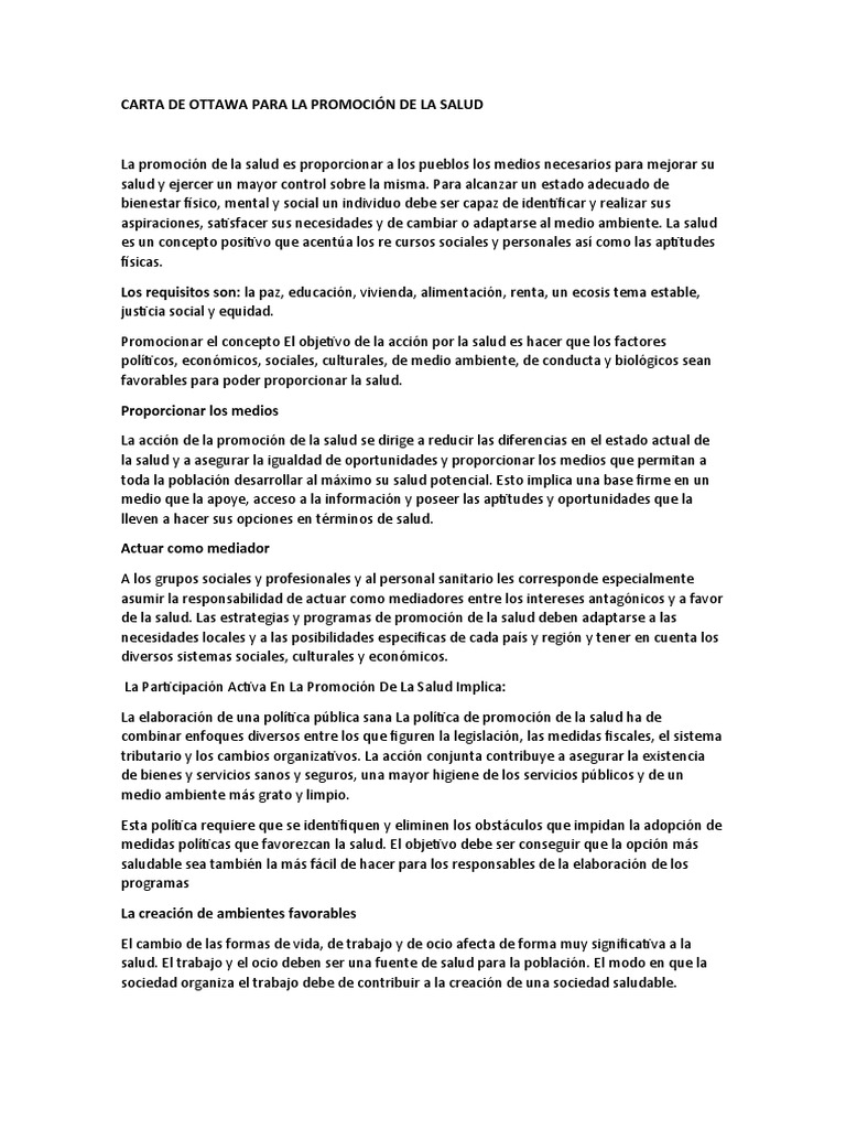 Carta de Ottawa - Resumen | PDF | Promoción de la salud