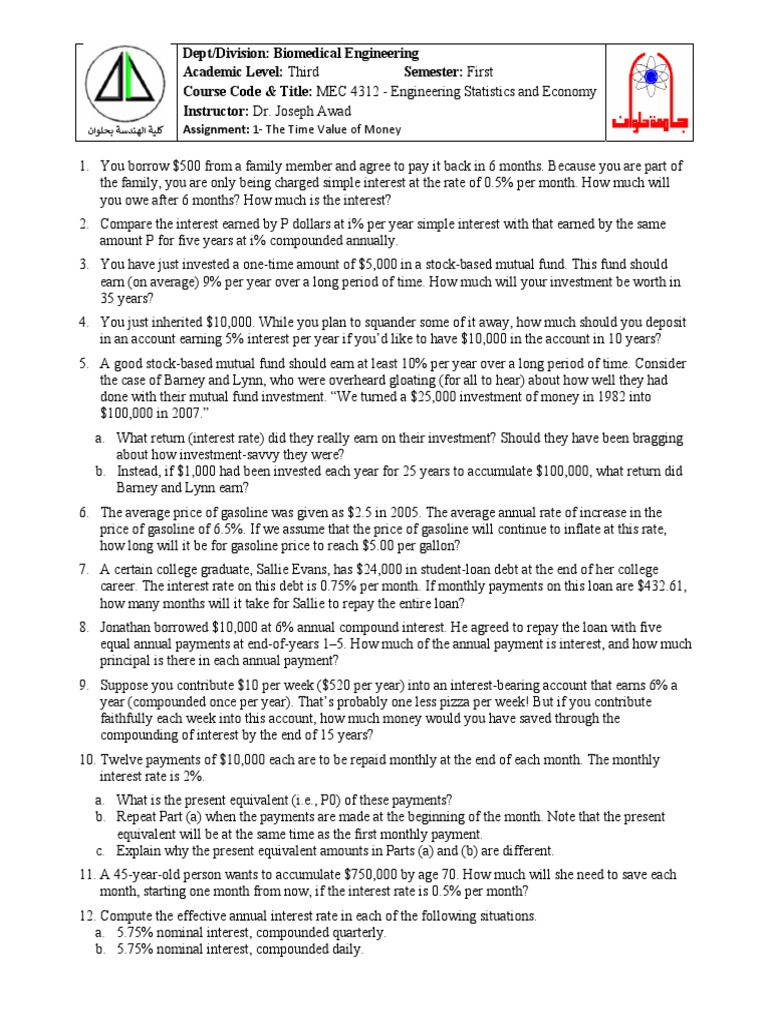 Engineering Statistics Assignment 1 | PDF | Interest | Debt