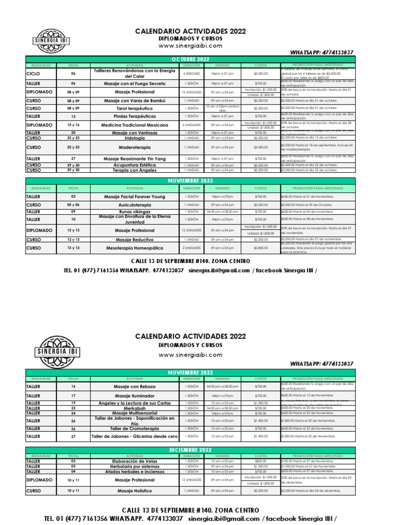 Calendario Sinergia IBI. Octubre A Diciembre 2022 | PDF | Medicina | Movimientos de salud