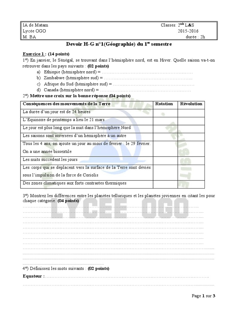 2nde L S 1er Devoir 1er Smstre | PDF | Terre | Astronomie