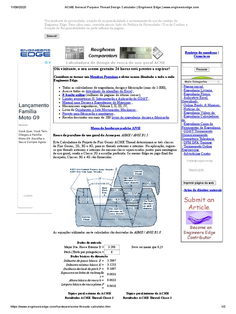 ACME General Purpose Thread Design Calculator - Engineers Edge | PDF ...