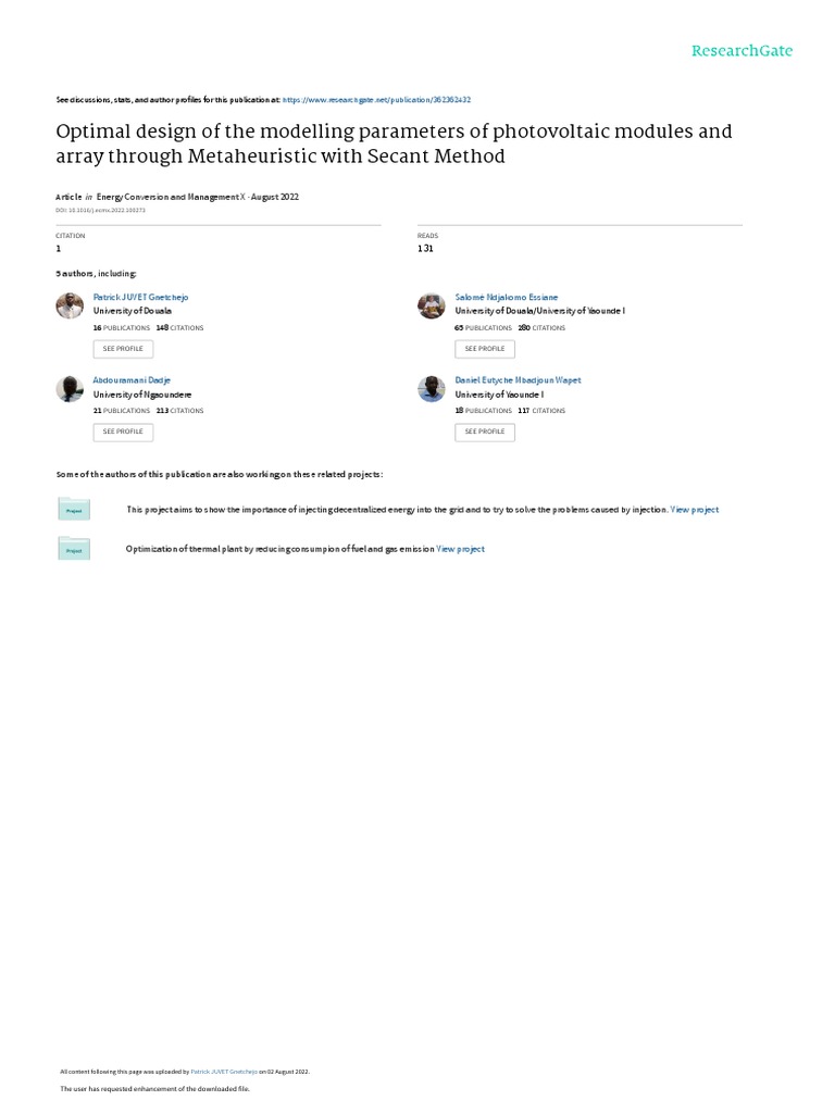 Optimal Design of The Modelling Parameters of Photovoltaic Modules and Array Through ...