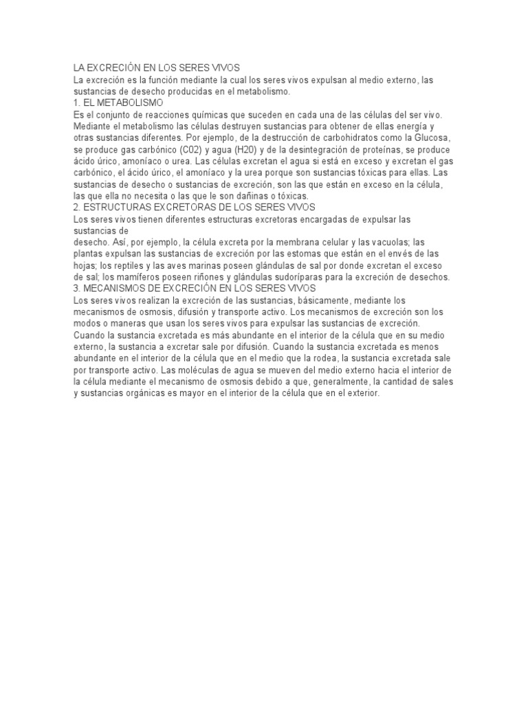 Excreción en Seres Vivos: Funciones y Mecanismos | PDF | Ciencia y ...