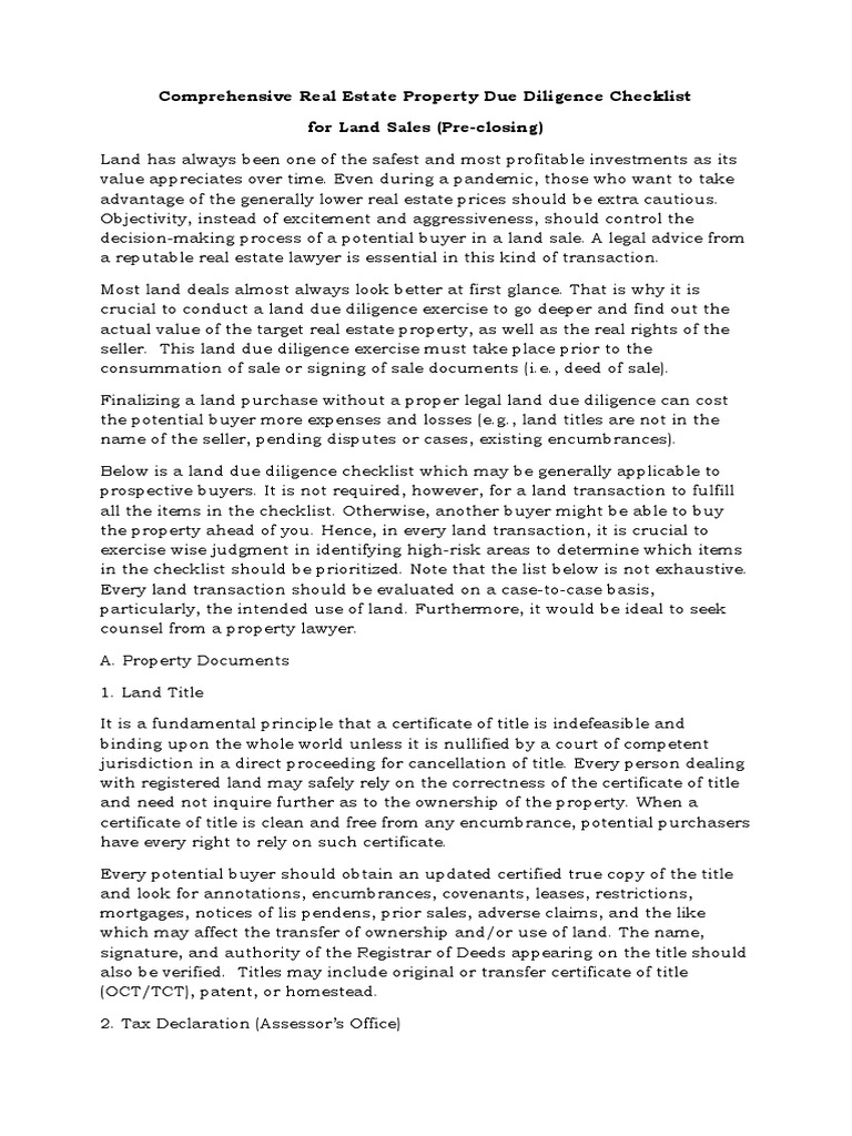 Land Purchase Due Diligence Checklist | PDF | Title (Property) | Sales