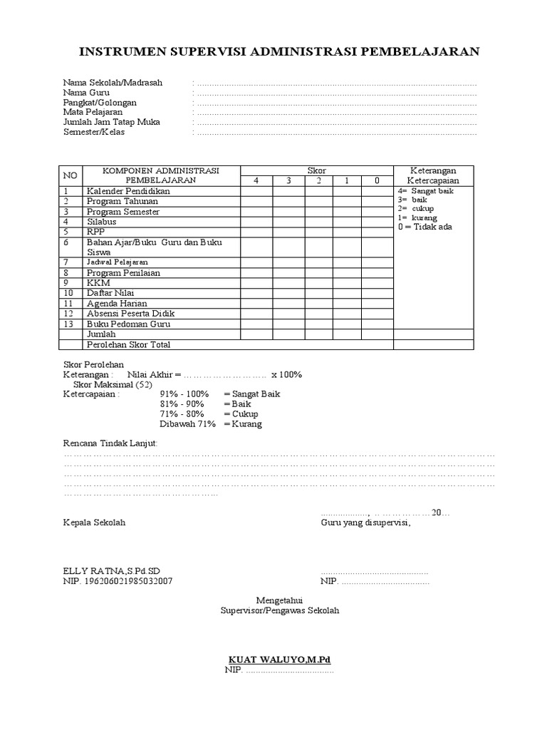 Instrumen Supervisi Administrasi Pembelajaran | PDF