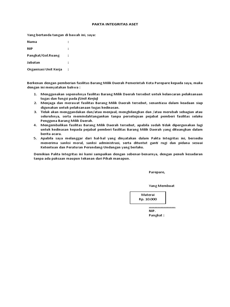 Pakta Integritas Aset | PDF