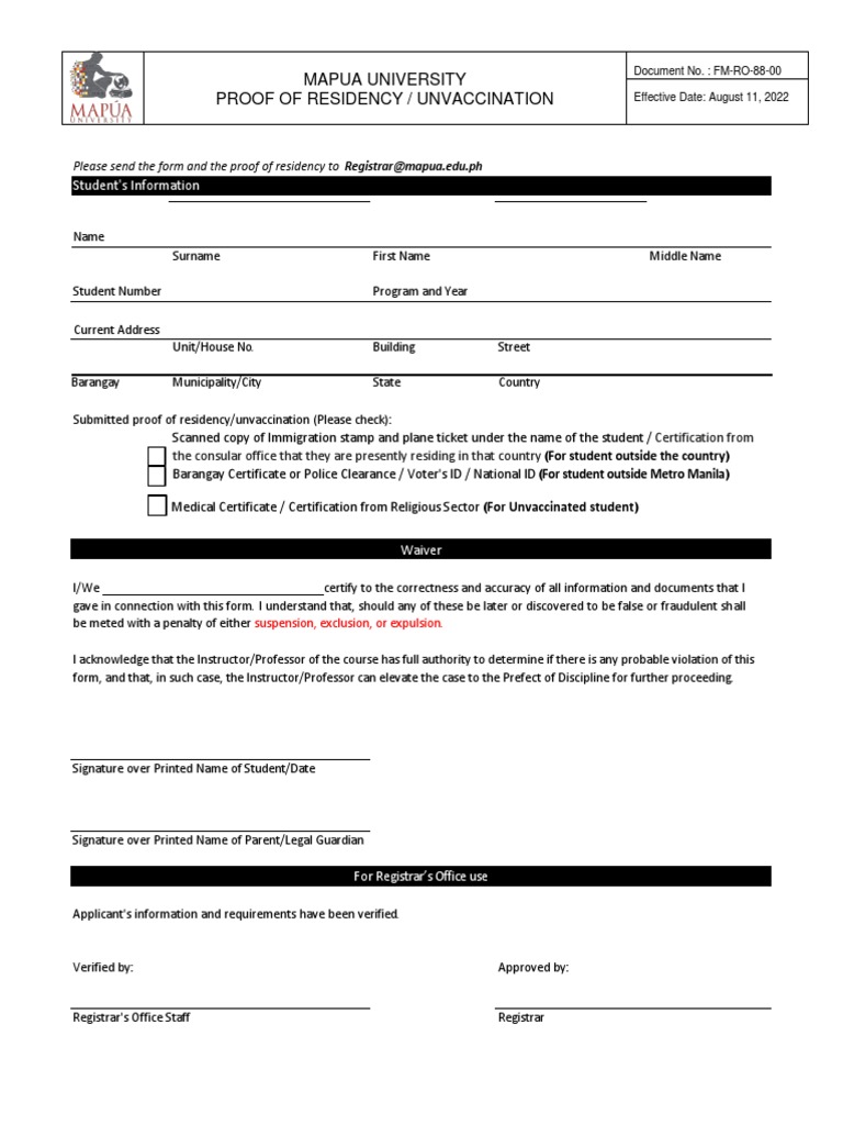 Fm-Ro-88-00 - Proof of Residency Unvaccination | PDF | Justice | Crime & Violence