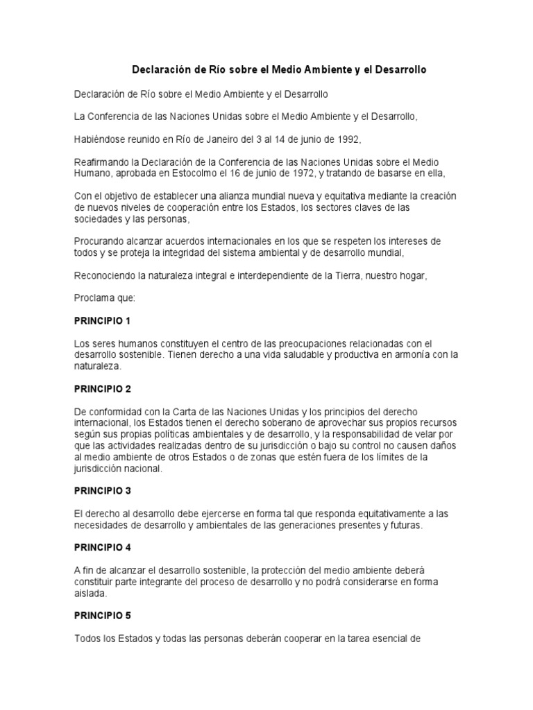 Declaración de Río Sobre El Medio Ambiente y El Desarrollo | PDF ...