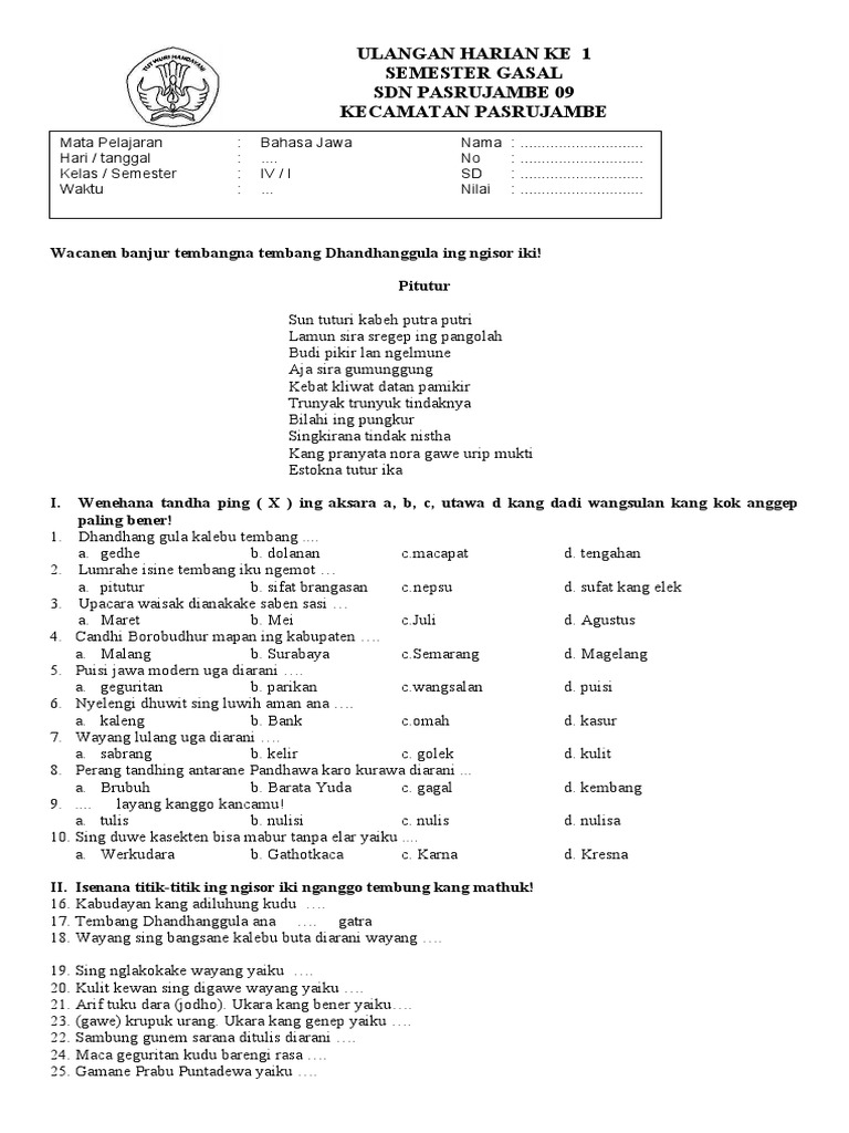 UH.1.Bahasa Jawa Kelas IV | PDF | Seni & Disiplin Bahasa | Seni